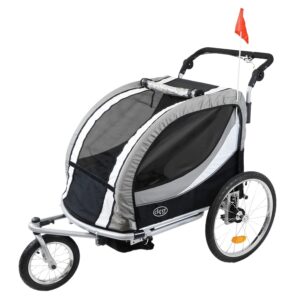 clevrplus deluxe 3-in-1 double 2 seat bicycle bike trailer jogger stroller for kids children | foldable w/pivot front wheel, grey