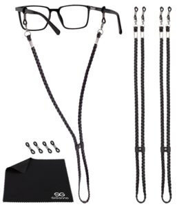 eye glass string strap holder - premium eco leather glass strap - eye glass chain holder to wear - eyeglass chain for man women - eyeglass strap lanyard - 2 cords (black)