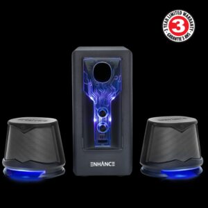 ENHANCE SB 2.1 Computer Speakers with Subwoofer - Blue LED Gaming Speakers, Computer Speaker System, AC Powered & 3.5mm, Volume and Bass Control, Compatible with Gaming PC, Desktop, Laptop