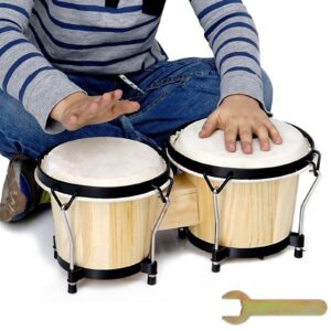 bongo drums 2 set 6" and 7" drum set bongos for adults, musical latin percussion instruments traditional wood bongos with tuning wrench