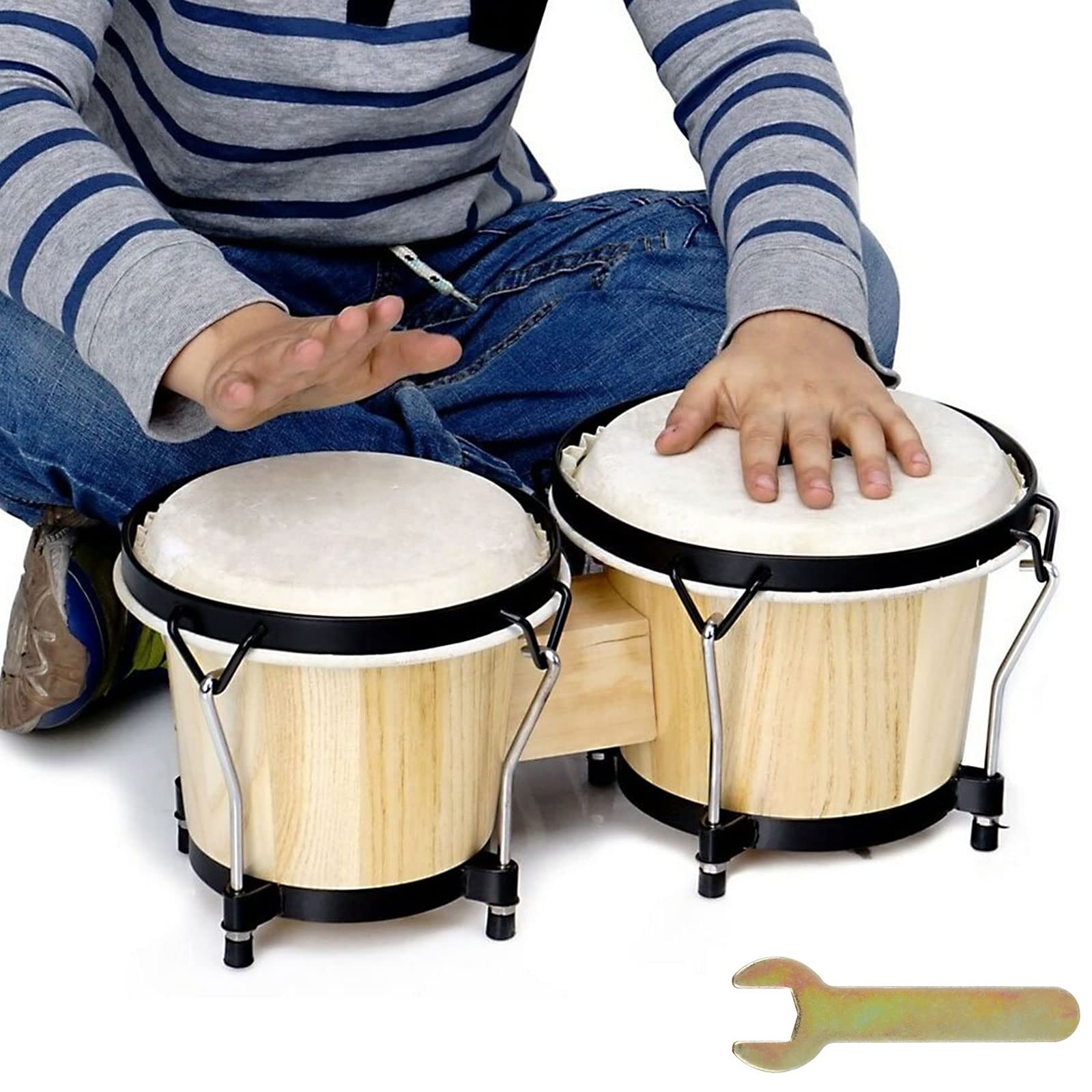 Bongo Drums 2 Set 6" and 7" Drum Set Bongos for Adults, Musical Latin Percussion Instruments Traditional Wood Bongos with Tuning Wrench