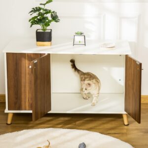 PawHut Cat Litter Box Enclosure Hidden Cat Furniture Cabinet Indoor, End Table with Adjustable Shelf Magnetic Door, White