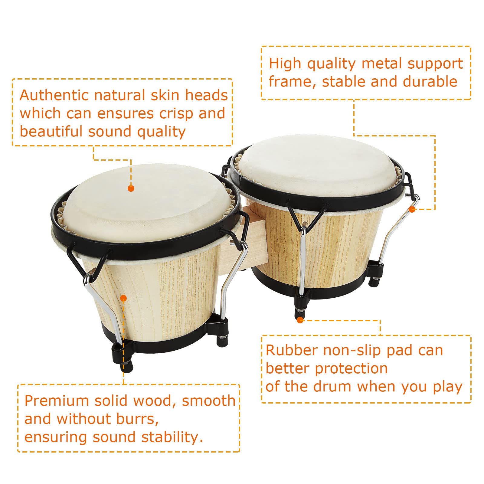 Bongo Drums 2 Set 6" and 7" Drum Set Bongos for Adults, Musical Latin Percussion Instruments Traditional Wood Bongos with Tuning Wrench