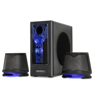 enhance sb 2.1 computer speakers with subwoofer - blue led gaming speakers, computer speaker system, ac powered & 3.5mm, volume and bass control, compatible with gaming pc, desktop, laptop