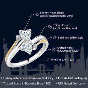 925 Silver and 10K Yellow Gold Heart Shape White Moissanite and White Lab Grown Diamond 2 Tone 2 Heart Promise Couple Women Engagement Mother Ring (0.86 Cttw, Available In Size 5, 6, 7, 8, 9)