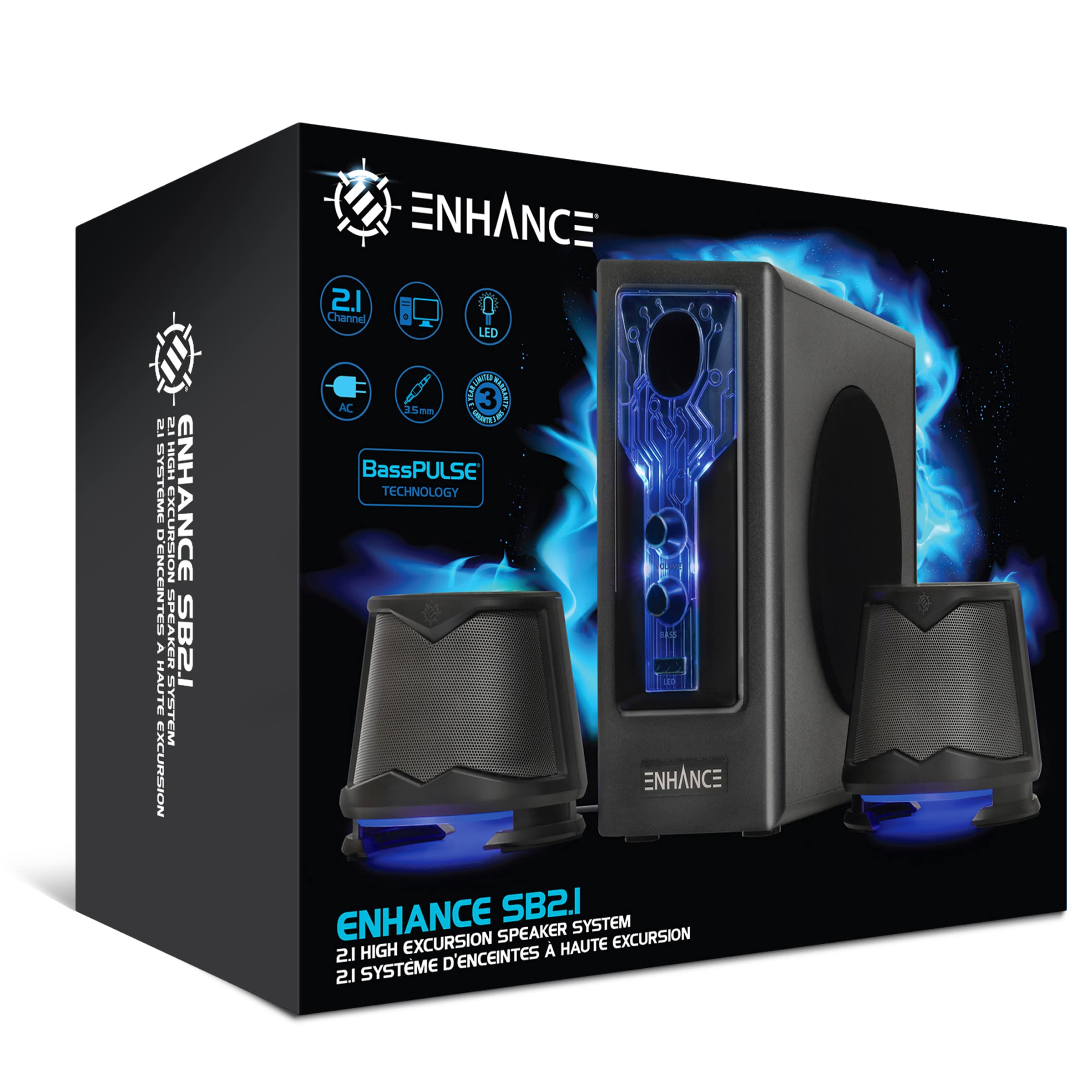 ENHANCE SB 2.1 Computer Speakers with Subwoofer - Blue LED Gaming Speakers, Computer Speaker System, AC Powered & 3.5mm, Volume and Bass Control, Compatible with Gaming PC, Desktop, Laptop