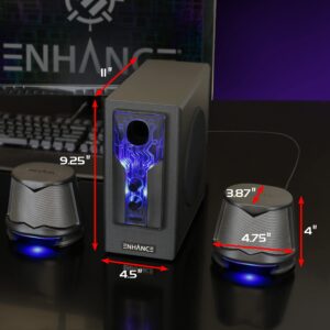 ENHANCE SB 2.1 Computer Speakers with Subwoofer - Blue LED Gaming Speakers, Computer Speaker System, AC Powered & 3.5mm, Volume and Bass Control, Compatible with Gaming PC, Desktop, Laptop