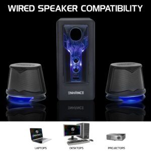 ENHANCE SB 2.1 Computer Speakers with Subwoofer - Blue LED Gaming Speakers, Computer Speaker System, AC Powered & 3.5mm, Volume and Bass Control, Compatible with Gaming PC, Desktop, Laptop