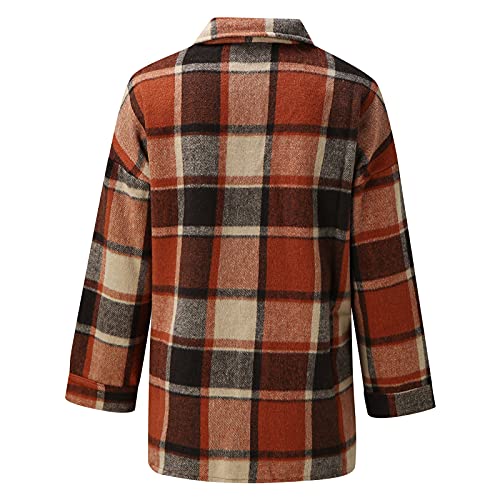 Flannel Shacket Women,Brushed Plaid Shirts Long Sleeve Lapel Corduroy Button Down Pocketed Shacket Jacket Coats,Shacket Jacket Women Plaid Orange Long Sleeve Shirts for Women