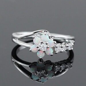 WDIYIEETN 925 Sterling Silver White Opal CZ Crystal Flower Engagement Promise Band Ring (9)