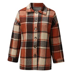 Flannel Shacket Women,Brushed Plaid Shirts Long Sleeve Lapel Corduroy Button Down Pocketed Shacket Jacket Coats,Shacket Jacket Women Plaid Orange Long Sleeve Shirts for Women