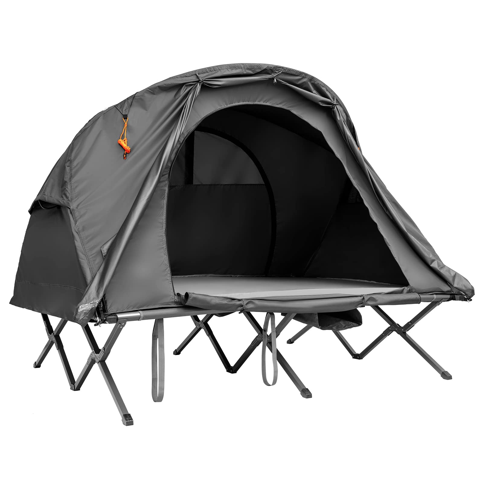 Tangkula 2-Person Tent Cot, 4-in-1 Folding Tent with Waterproof Rainfly, Self-Inflating Mattress & Roller Carrying Bag, Portable Off Ground Elevated Tent with Shoe Storage Pocket & Lamp Hook (Grey)