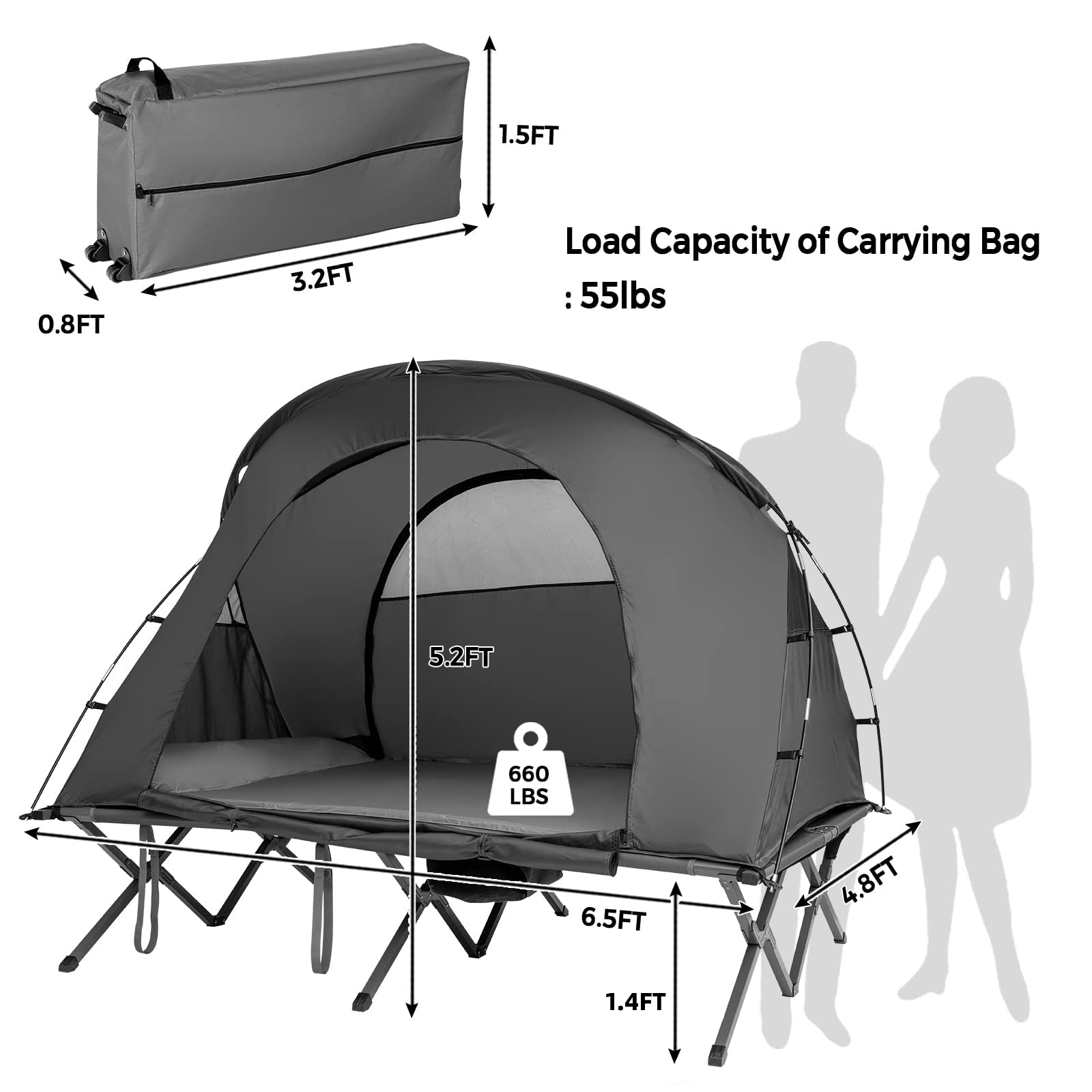 Tangkula 2-Person Tent Cot, 4-in-1 Folding Tent with Waterproof Rainfly, Self-Inflating Mattress & Roller Carrying Bag, Portable Off Ground Elevated Tent with Shoe Storage Pocket & Lamp Hook (Grey)