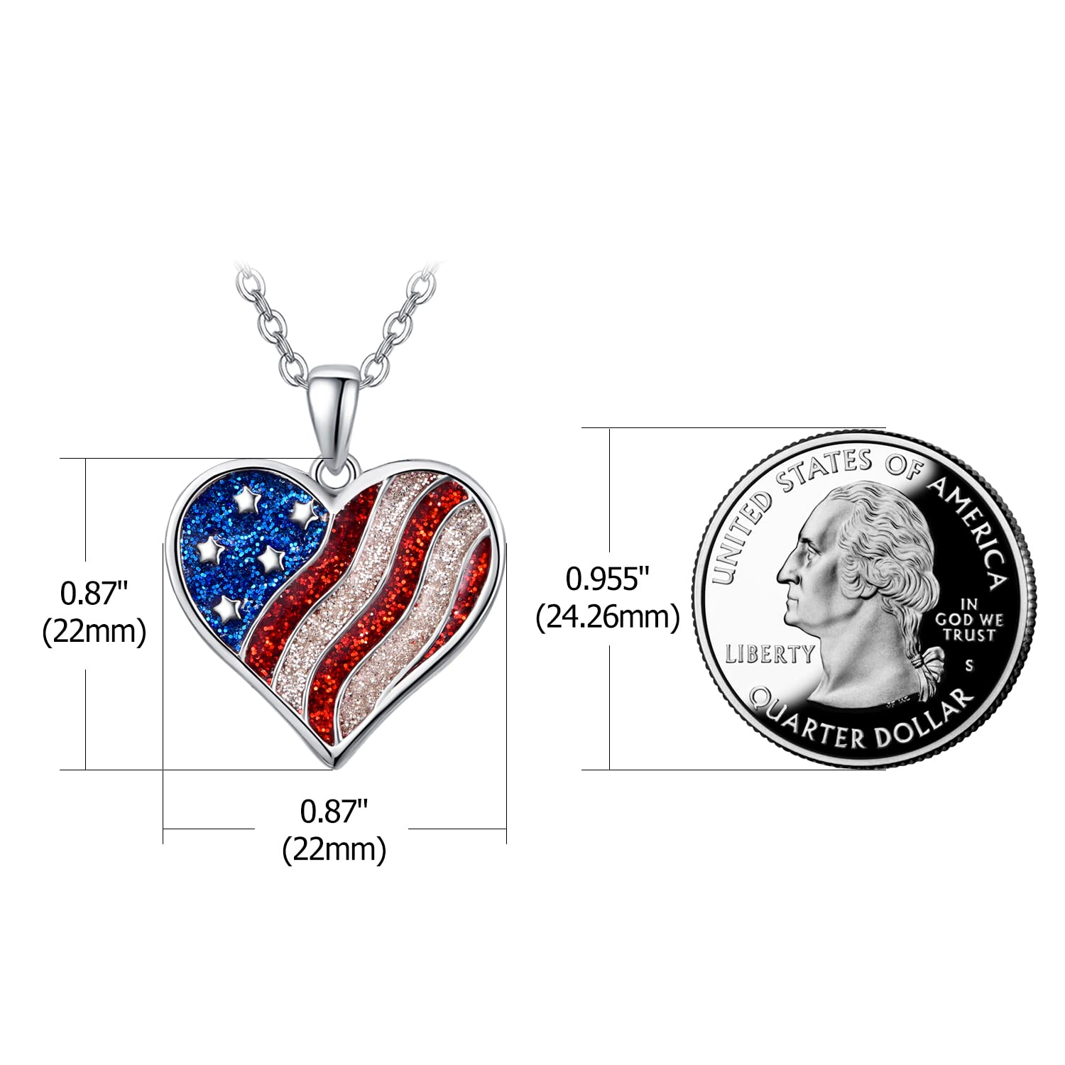 TANGPOET American Flag Necklace 925 Sterling Silver Heart Pendant American Flag Jewelry Patriot Gifts for Women