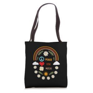 peace love matzo yiddish purim jewish holiday seder passover tote bag