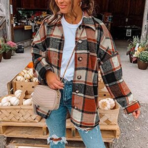 Flannel Shacket Women,Brushed Plaid Shirts Long Sleeve Lapel Corduroy Button Down Pocketed Shacket Jacket Coats,Shacket Jacket Women Plaid Orange Long Sleeve Shirts for Women