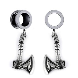 xinhe 2pcs ear gauges ear plugs tunnels for ears viking celtic wolf ax pendant surgical steel screw dilation piercing expander,8mm(0g)