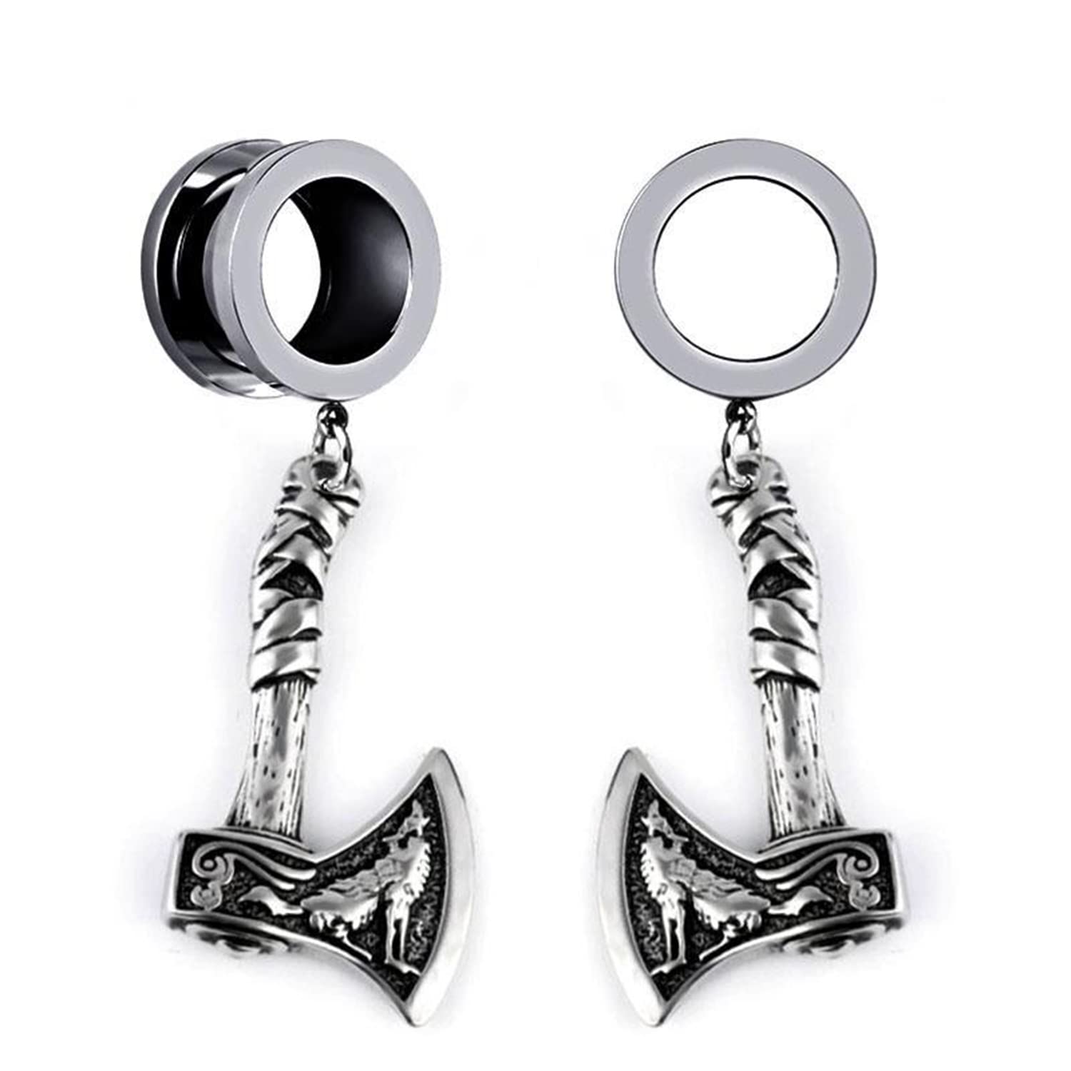 XINHE 2PCS Ear Gauges Ear Plugs Tunnels for Ears Viking Celtic Wolf Ax Pendant Surgical Steel Screw Dilation Piercing Expander,8mm(0g)