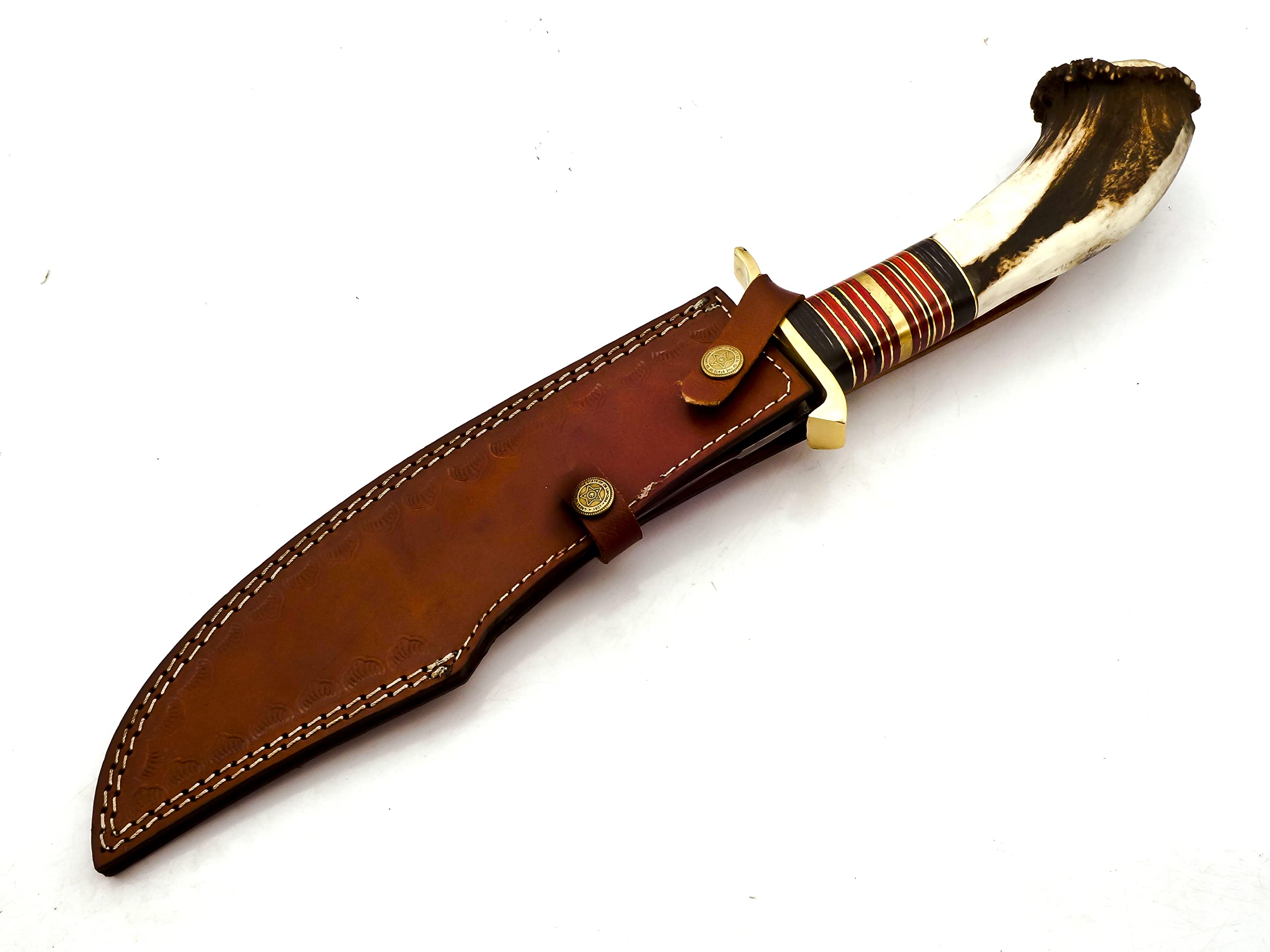 Skokie Knives Custom Hand Made Damascus Steel Hunting Knife Handle Stag Antler With Brass Spacer