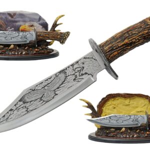 Szco Supplies 11.5” Decorative Eagle Etched Blade Outdoor Hunting Knife with Display Relief Art/Printed Antler Stand