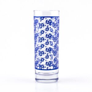 BARCONIC Collins Highball Vintage Glass - Blue Hibiscus Pattern - 9.5 ounce