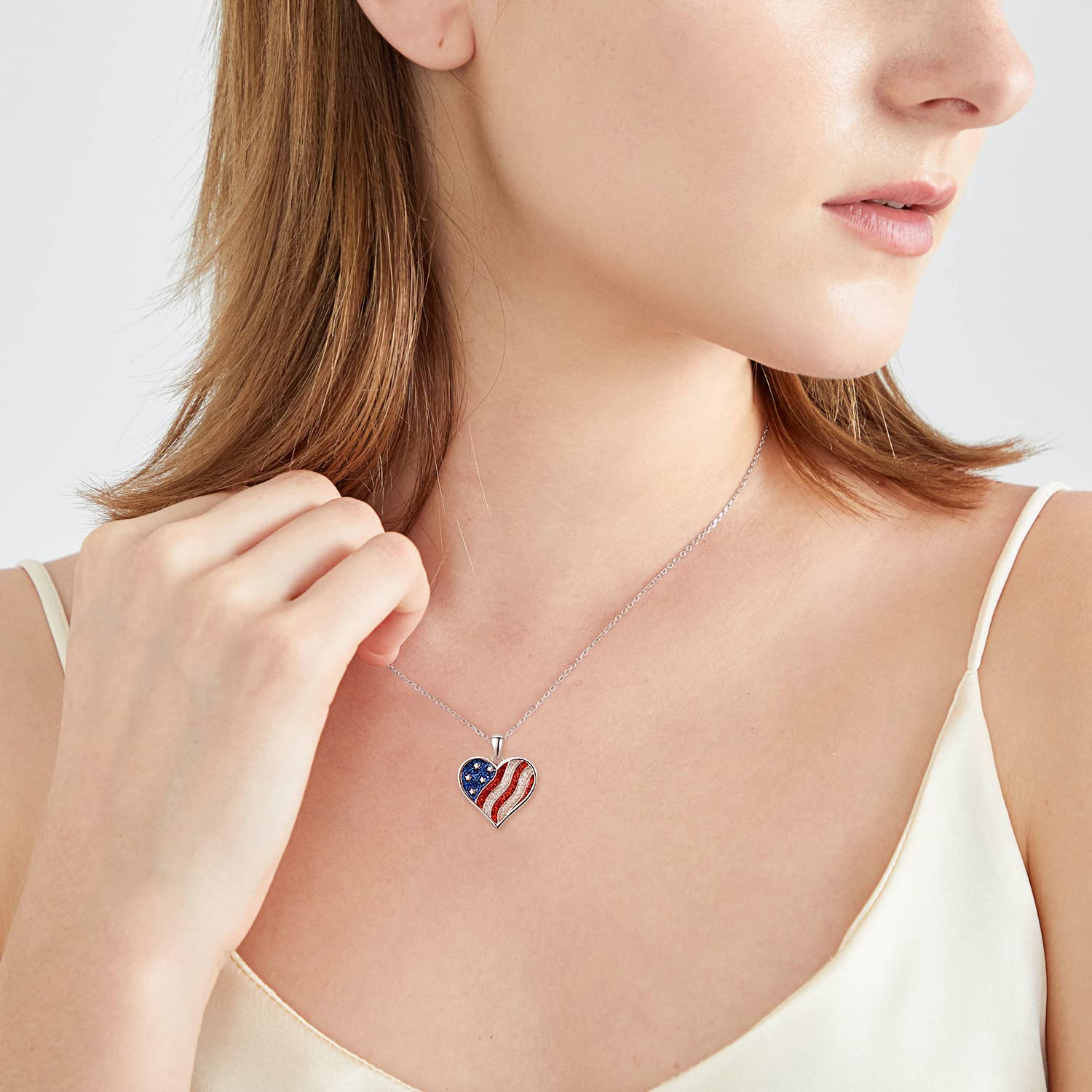 TANGPOET American Flag Necklace 925 Sterling Silver Heart Pendant American Flag Jewelry Patriot Gifts for Women