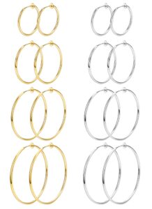 magitaco 8 pairs clip on hoop earrings stainless steel clip on earrings for women fake hoop earrings spring hoop earrings for non-pierced ears gold+silver