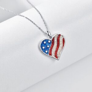 TANGPOET American Flag Necklace 925 Sterling Silver Heart Pendant American Flag Jewelry Patriot Gifts for Women