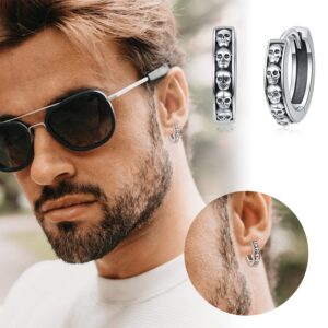 Skull Earrings for Women Men 925 Sterling Silver Black Hoop Earrings Hypoallergenic Huggie Hoop Men Earrings