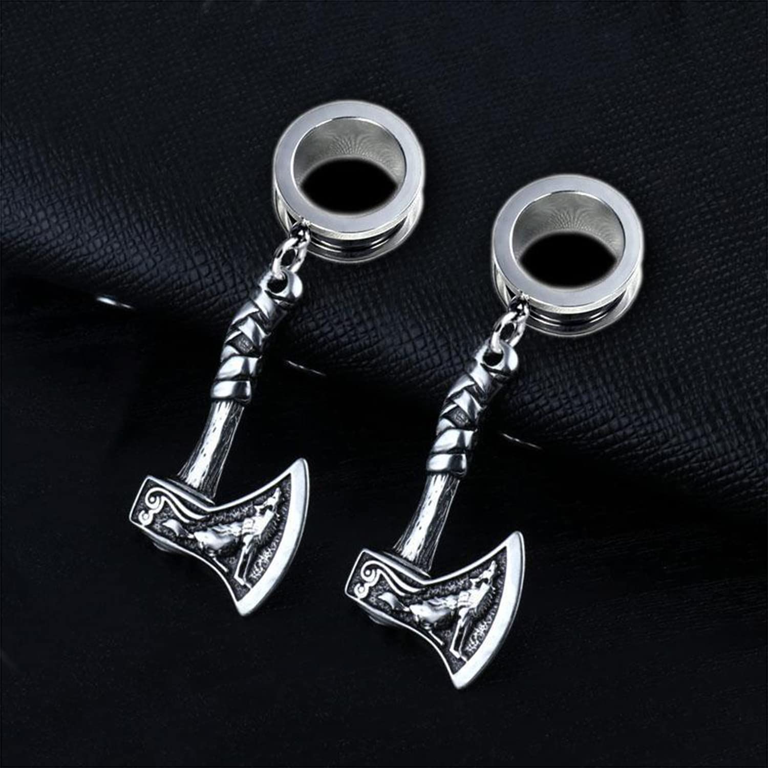 XINHE 2PCS Ear Gauges Ear Plugs Tunnels for Ears Viking Celtic Wolf Ax Pendant Surgical Steel Screw Dilation Piercing Expander,8mm(0g)