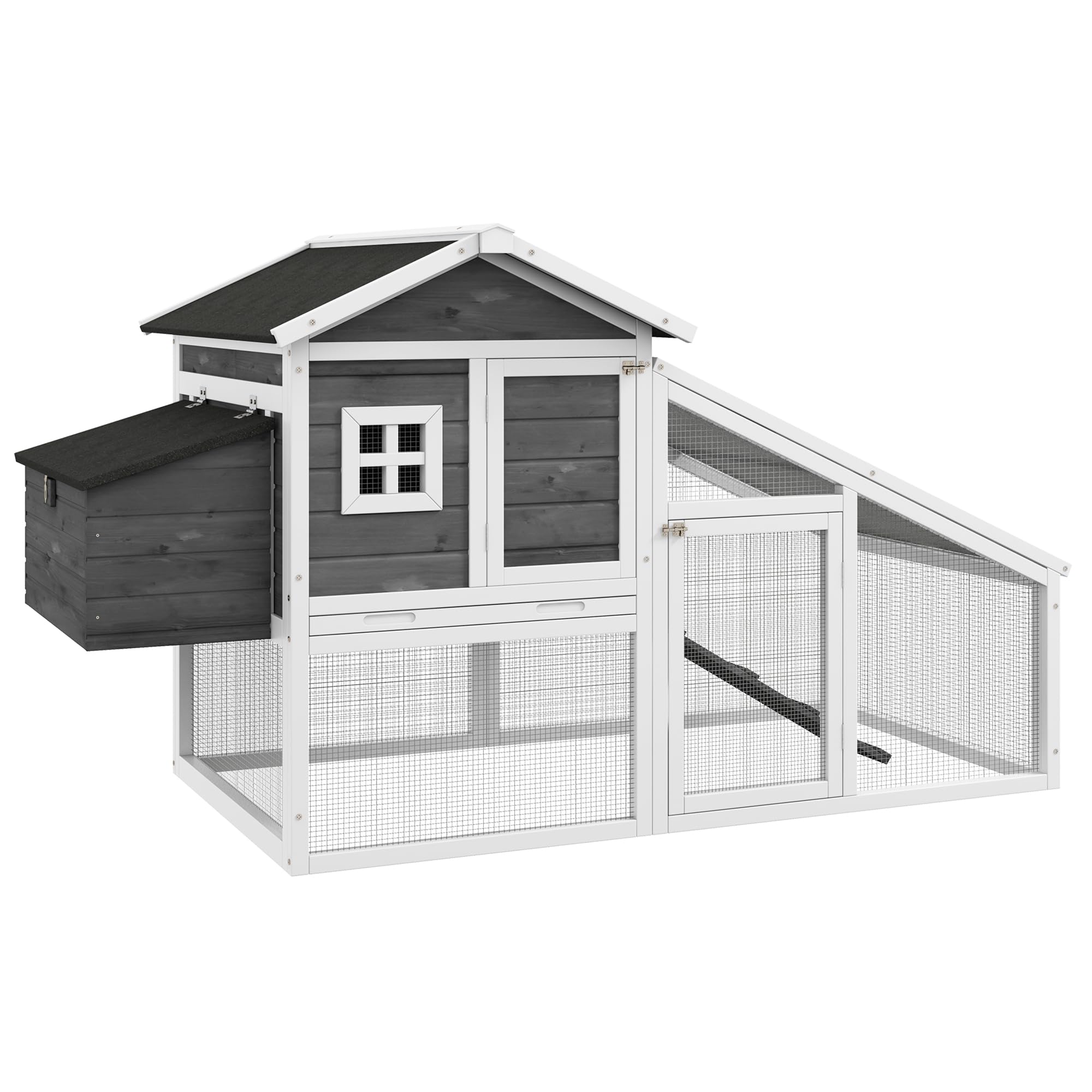 PawHut 69" Chicken Coop Wooden Chicken House, Rabbit Hutch Pen, Outdoor Backyard Poultry Hen Cage with Run w/Nesting Box, Removable Tray for Easy Cleaning, Asphalt Roof, and Safe Lockable Door