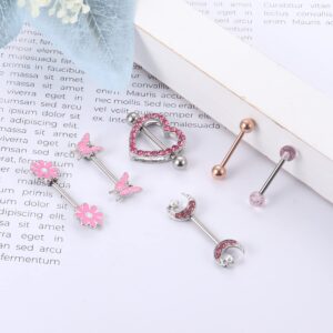 Kakonia 6 Pairs 14G Nipple Rings for Women 316L Stainless Steel Heart Butterfly Moon CZ Flower Barbell Nipple Rings Set Cute Nipplerings Piercing Jewelry