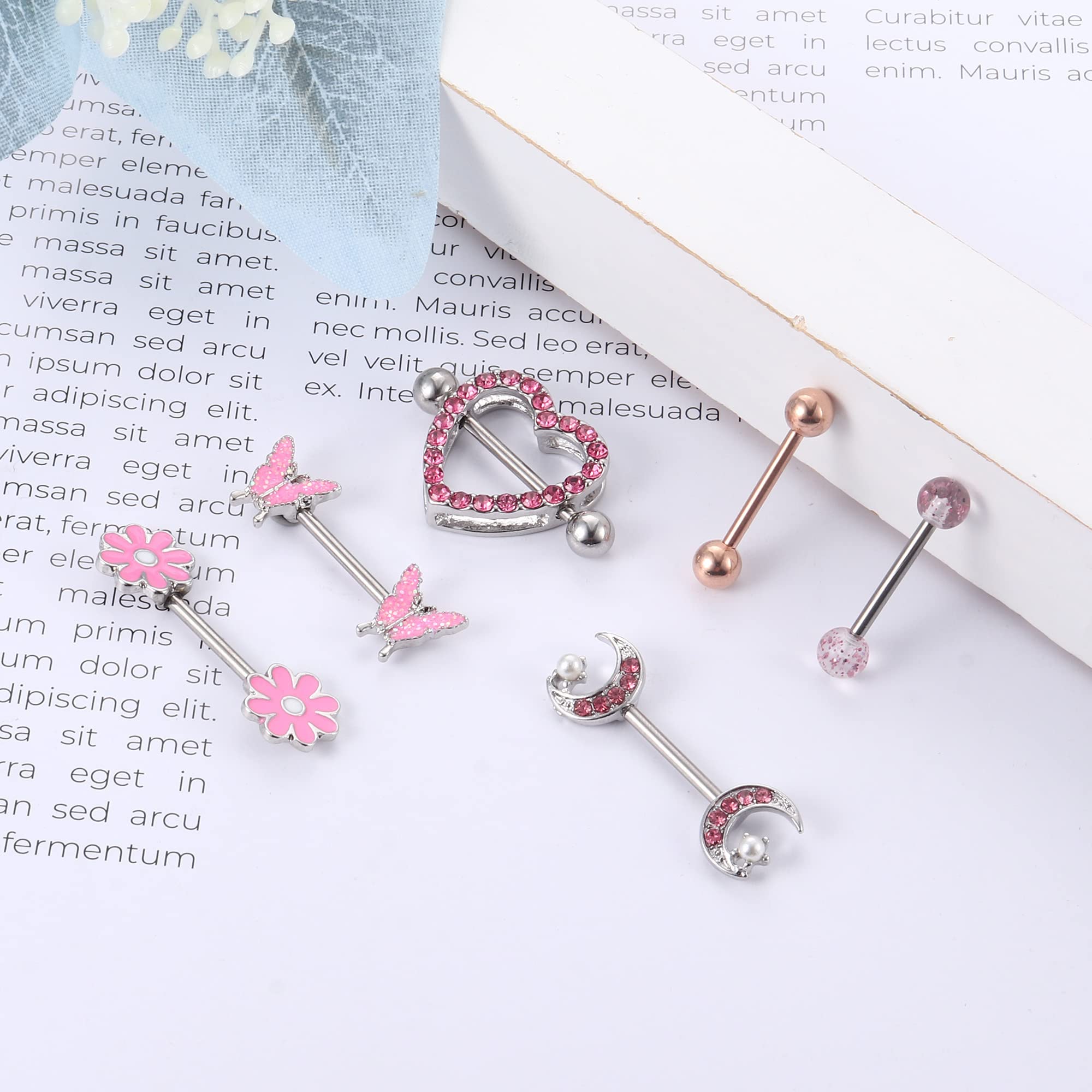 Kakonia 6 Pairs 14G Nipple Rings for Women 316L Stainless Steel Heart Butterfly Moon CZ Flower Barbell Nipple Rings Set Cute Nipplerings Piercing Jewelry