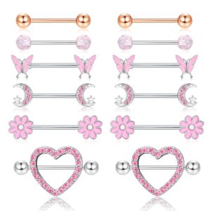 kakonia 6 pairs 14g nipple rings for women 316l stainless steel heart butterfly moon cz flower barbell nipple rings set cute nipplerings piercing jewelry