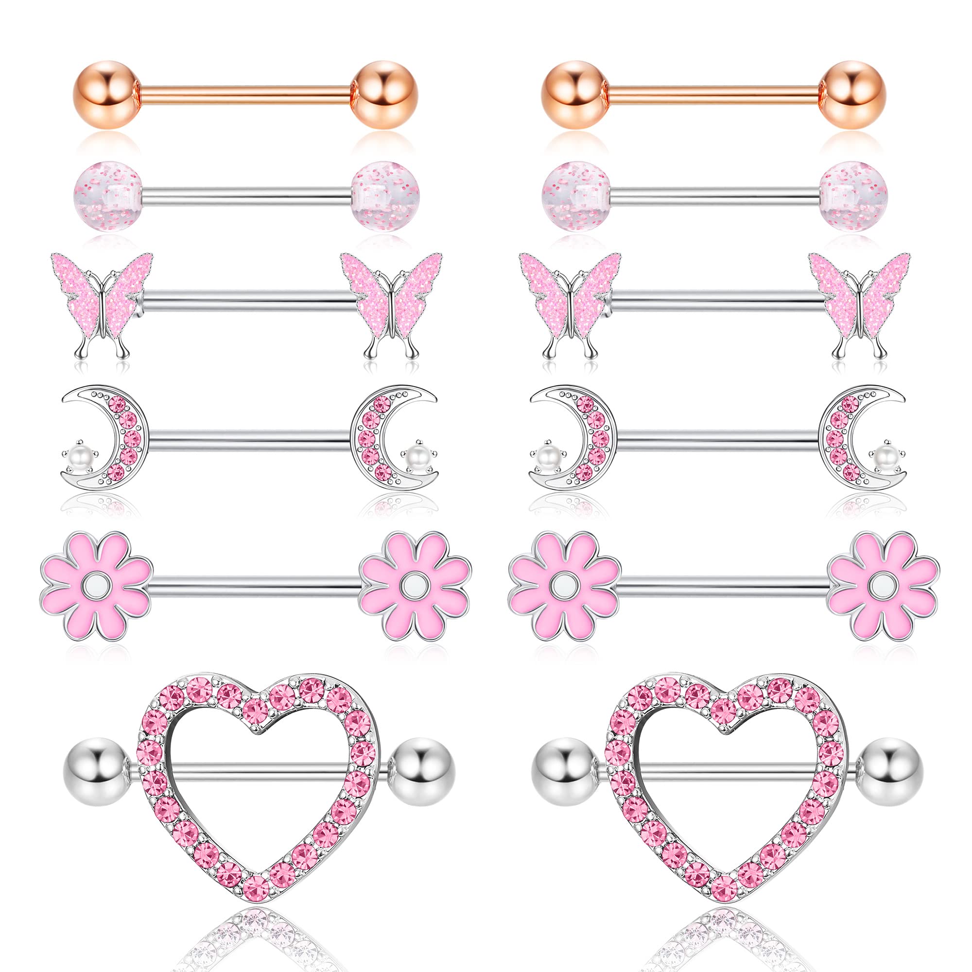 Kakonia 6 Pairs 14G Nipple Rings for Women 316L Stainless Steel Heart Butterfly Moon CZ Flower Barbell Nipple Rings Set Cute Nipplerings Piercing Jewelry