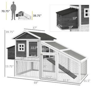 PawHut 69" Chicken Coop Wooden Chicken House, Rabbit Hutch Pen, Outdoor Backyard Poultry Hen Cage with Run w/Nesting Box, Removable Tray for Easy Cleaning, Asphalt Roof, and Safe Lockable Door