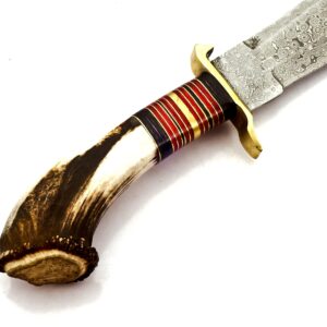 Skokie Knives Custom Hand Made Damascus Steel Hunting Knife Handle Stag Antler With Brass Spacer