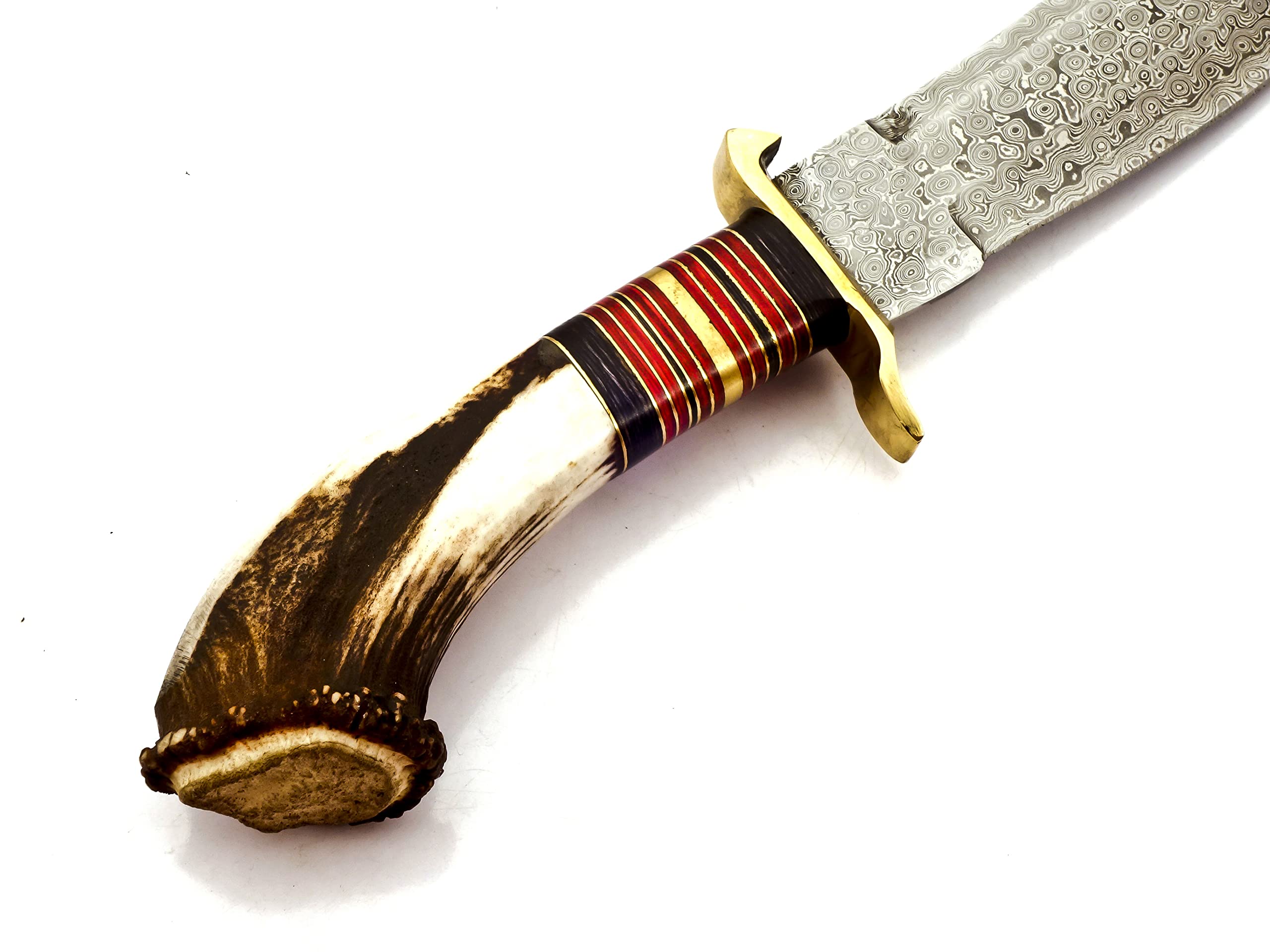 Skokie Knives Custom Hand Made Damascus Steel Hunting Knife Handle Stag Antler With Brass Spacer