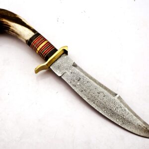 Skokie Knives Custom Hand Made Damascus Steel Hunting Knife Handle Stag Antler With Brass Spacer