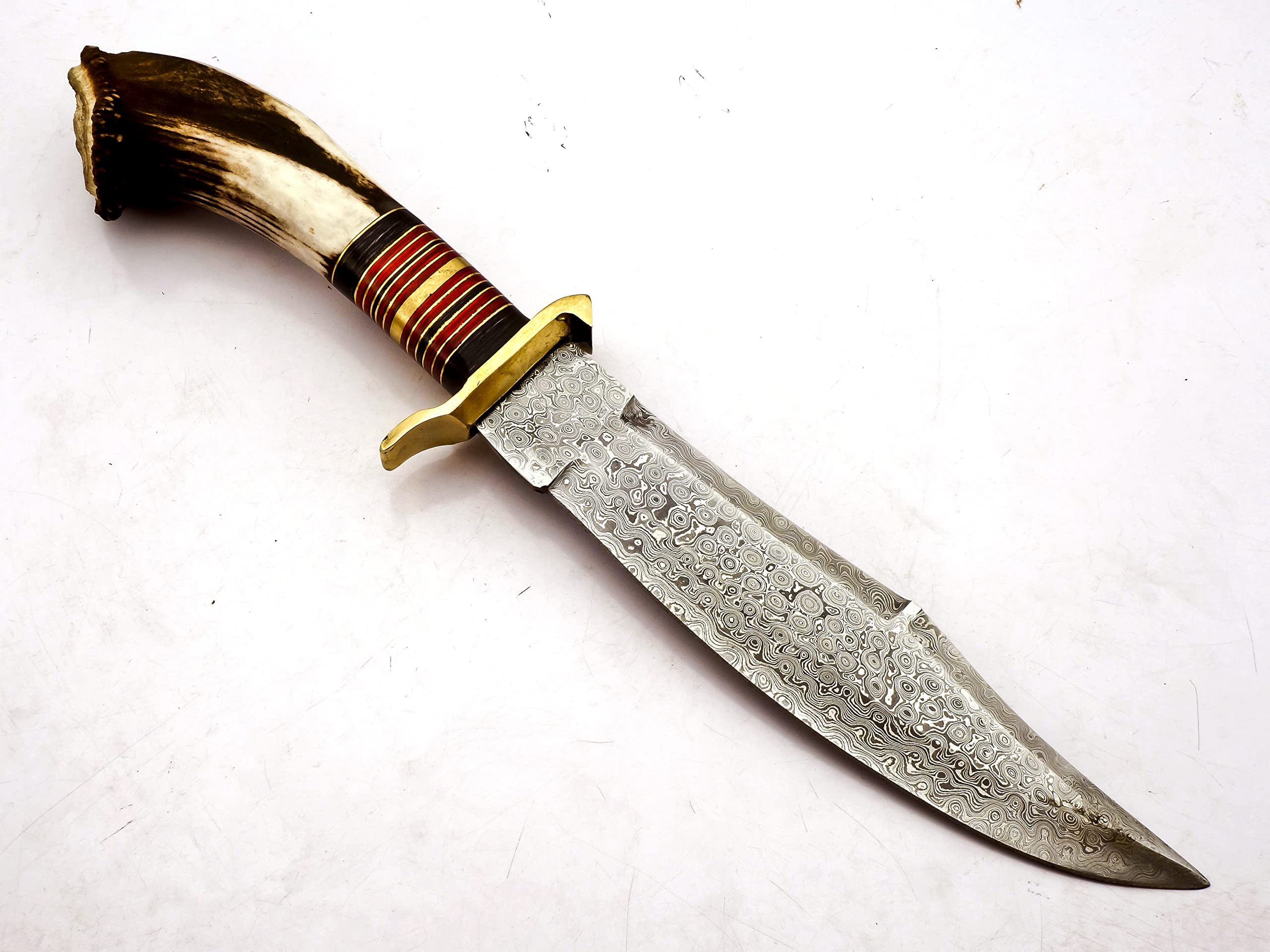 Skokie Knives Custom Hand Made Damascus Steel Hunting Knife Handle Stag Antler With Brass Spacer