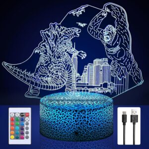 s suniness godzilla vs king kong toys, king of monsters color-changing led night light,3d illusion remote control smart touch decorative for boys girls birthday holiday gifts