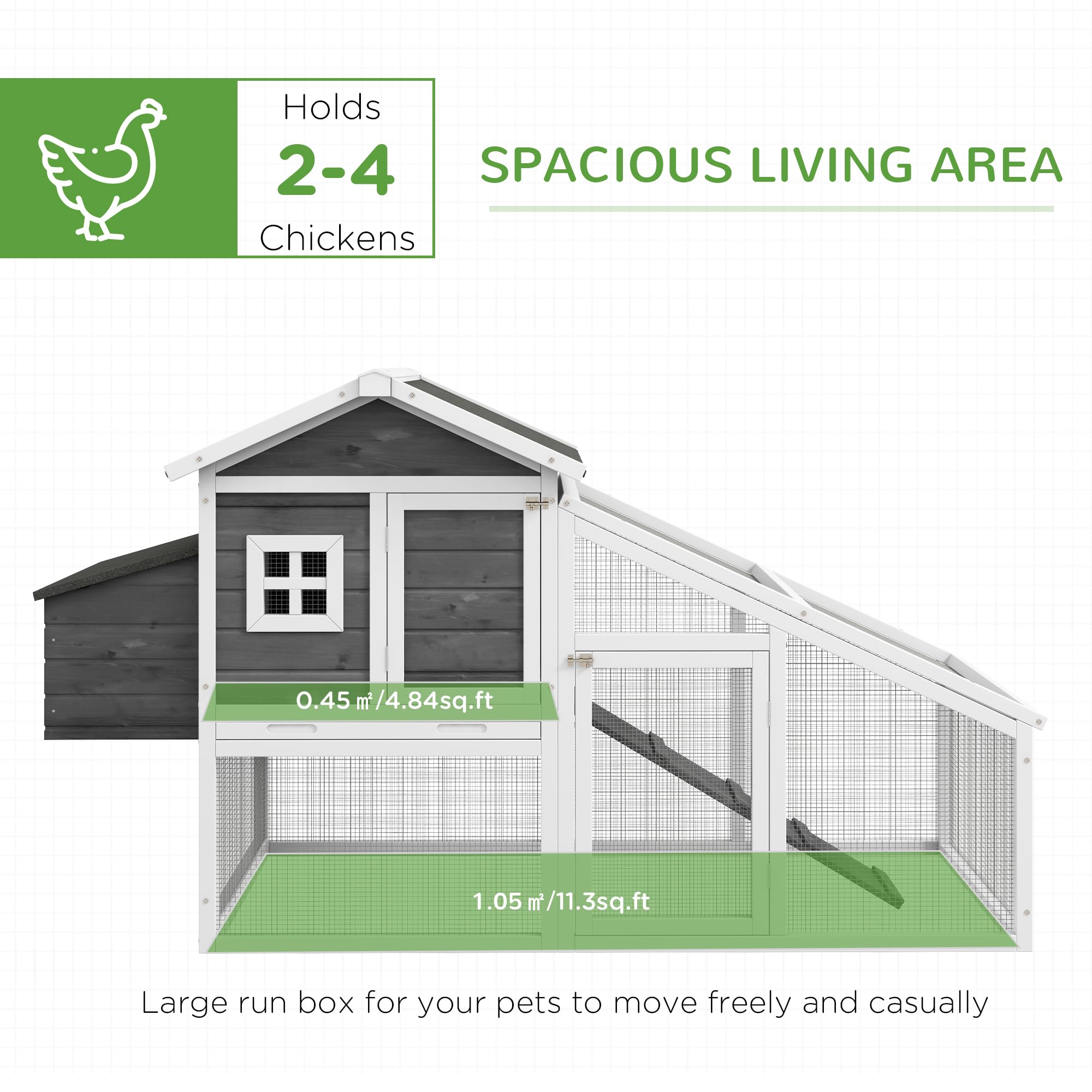 PawHut 69" Chicken Coop Wooden Chicken House, Rabbit Hutch Pen, Outdoor Backyard Poultry Hen Cage with Run w/Nesting Box, Removable Tray for Easy Cleaning, Asphalt Roof, and Safe Lockable Door