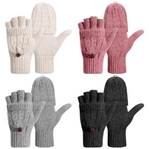 tarpop 4 pairs winter convertible gloves fingerless mittens knit flip wool women gloves warm half finger gloves with cover