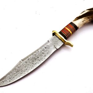 Skokie Knives Custom Hand Made Damascus Steel Hunting Knife Handle Stag Antler With Brass Spacer