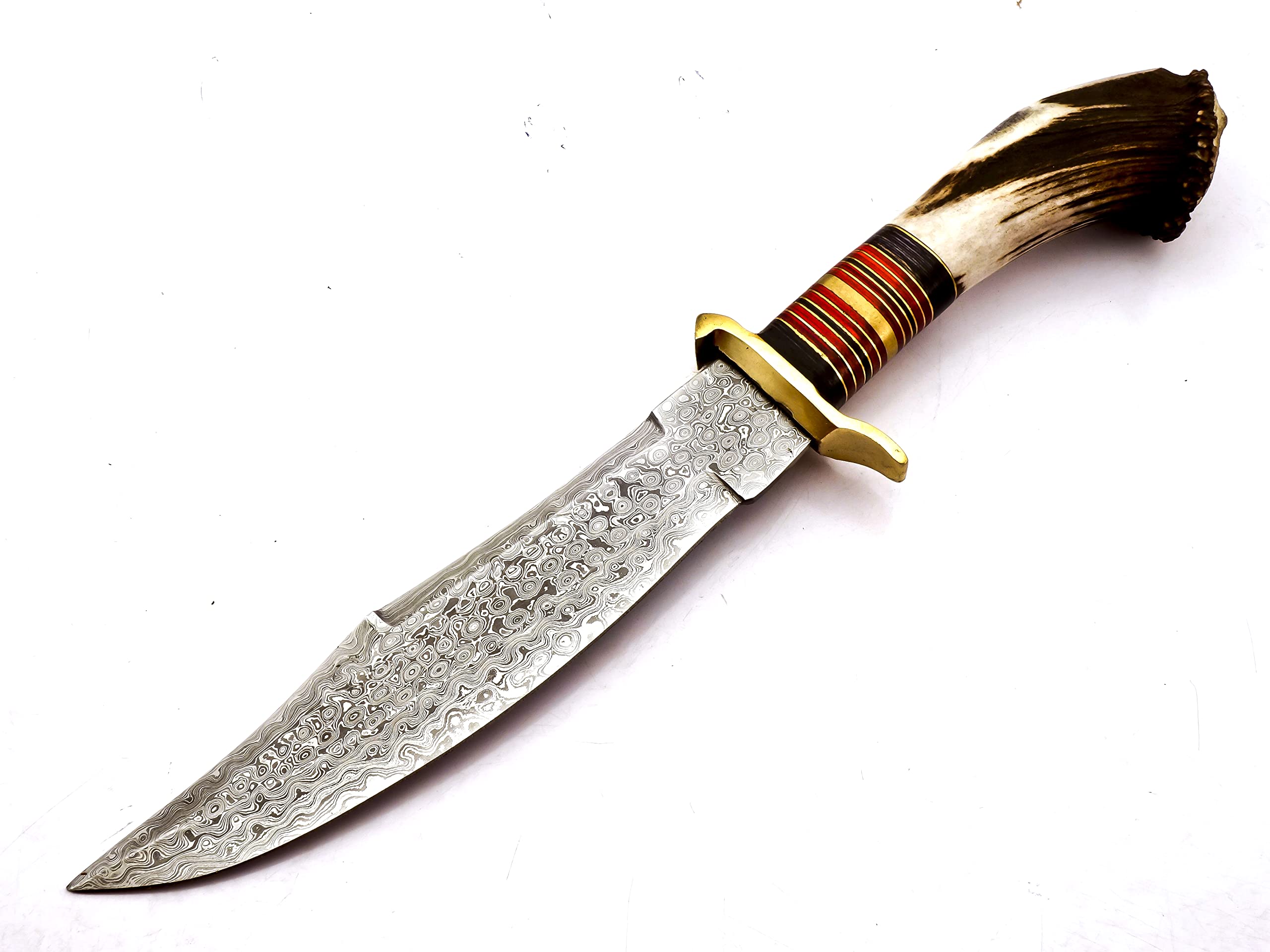 Skokie Knives Custom Hand Made Damascus Steel Hunting Knife Handle Stag Antler With Brass Spacer