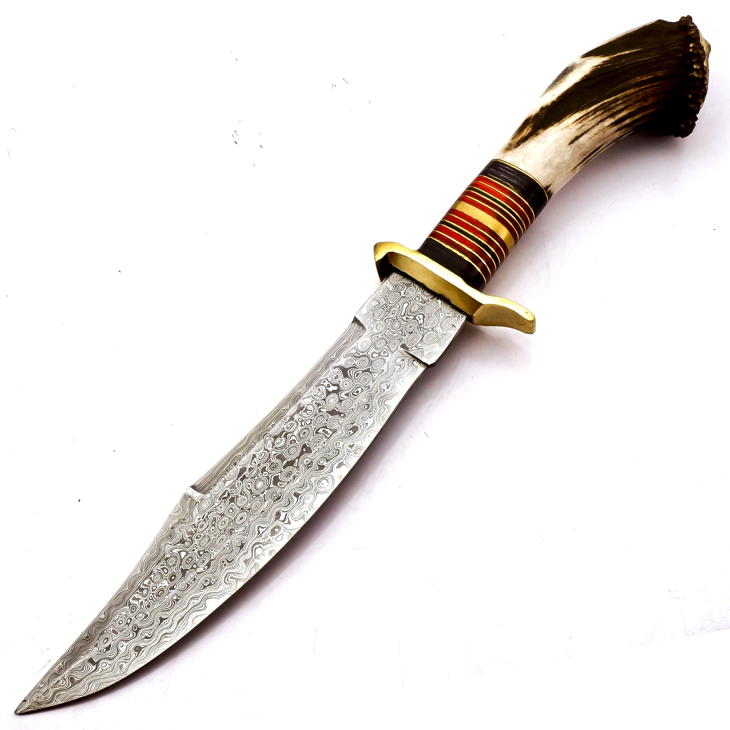 Skokie Knives Custom Hand Made Damascus Steel Hunting Knife Handle Stag Antler With Brass Spacer