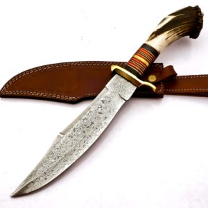 Skokie Knives Custom Hand Made Damascus Steel Hunting Knife Handle Stag Antler With Brass Spacer