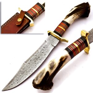 skokie knives custom hand made damascus steel hunting knife handle stag antler with brass spacer