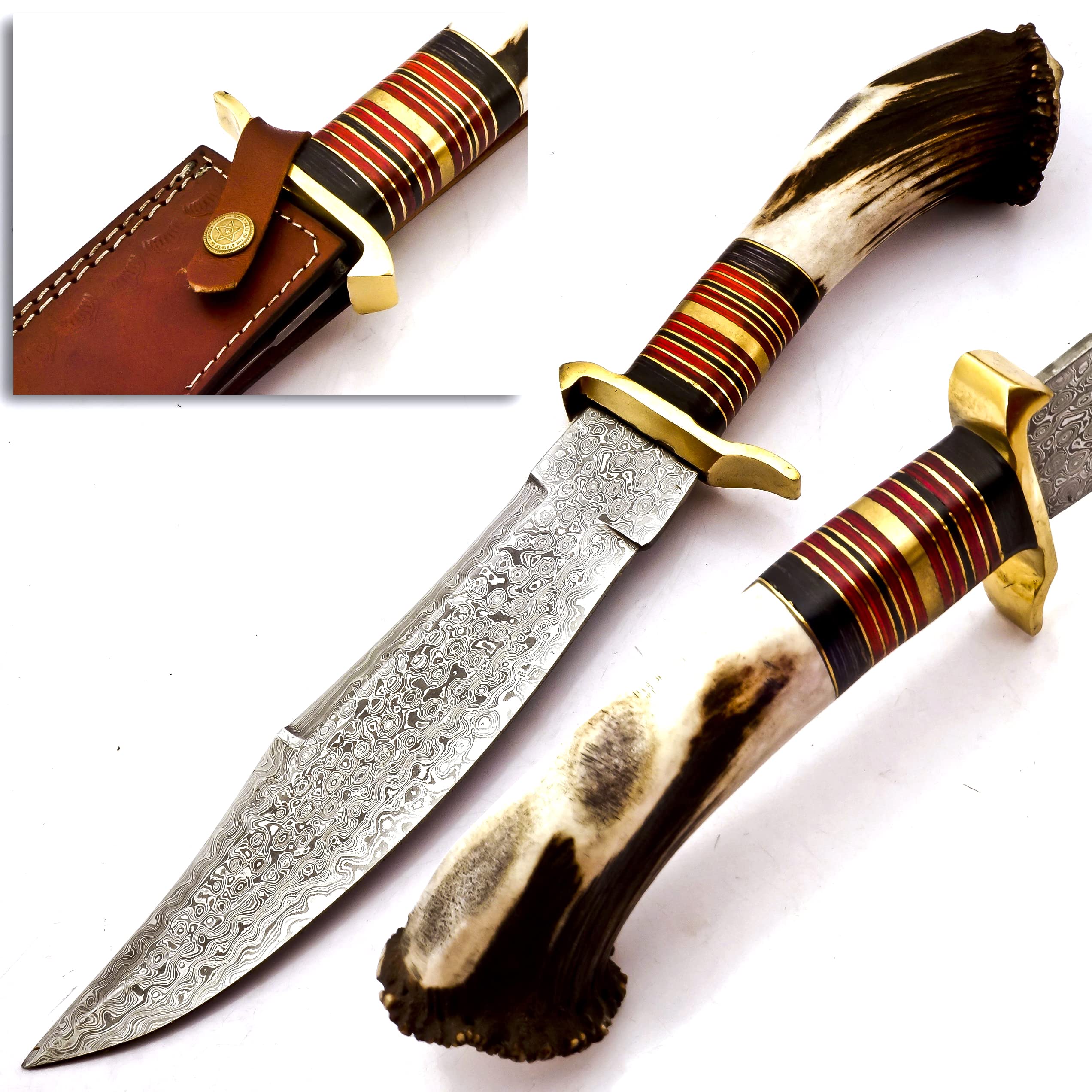 Skokie Knives Custom Hand Made Damascus Steel Hunting Knife Handle Stag Antler With Brass Spacer