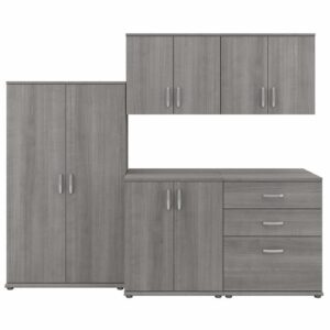 bush business furniture universal 5 piece modular garage storage set with floor and wall cabinets, platinum gray